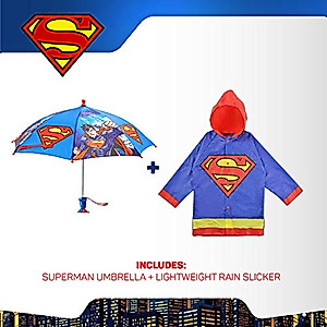 DC Comics Kids Umbrella and Poncho Raincoat Set, Batman & Superman Boys Rain Wear for Toddler 2-3 or Kids 4-7