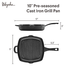 Ayesha Curry Kitchenware Preseasoned Cast Iron Square Grill/Griddle Pan with Helper Handle and Pour Spouts, 10 Inch, Black