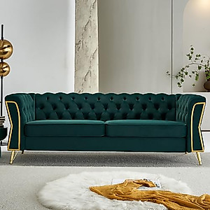Tmsan 87.4" Velvet Sofa Couch, Mid-Century Modern Chesterfield Loveseat Classic Button Tufted 2 Seater Couch with Golden Legs for Living Room Office Bedroom (Emerald)