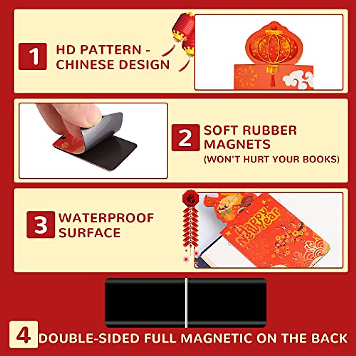 MWOOT 24Pcs Chinese New Year Magnetic Bookmarks for Kids Adults Reading Lovers, Creative Red Magnet Page Markers Kit for Spring Festival, Gifts, Party, Reading Supplies (12 Styles, 4.5x3CM)