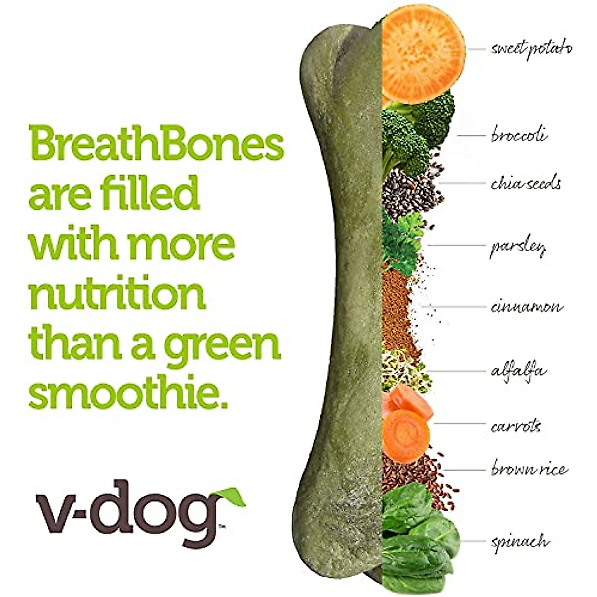 V-dog Dog Treats - Vegan Breathbone Teeth Cleaning Dental Bones - Fresh Breath - 8 Ounces - Minis - All Natural, Made in USA - 10 Bones - 3" Long - Easy to Digest