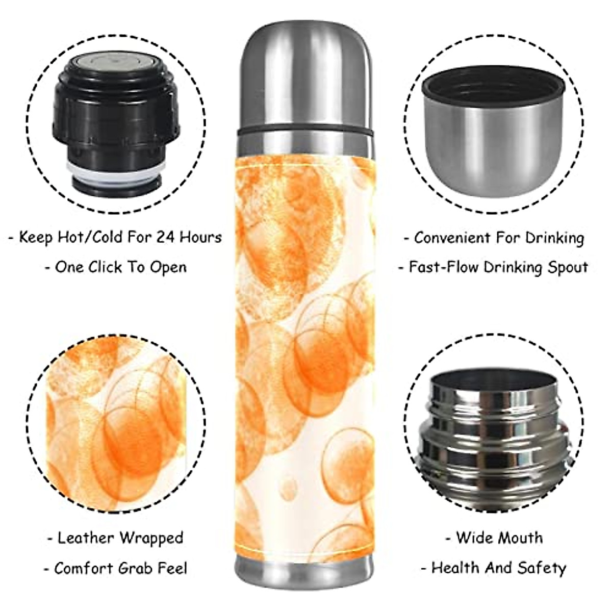 Stainless Steel Leather Vacuum Insulated Mug Bubbles Thermos Water Bottle for Hot and Cold Drinks Kids Adults 16 Oz