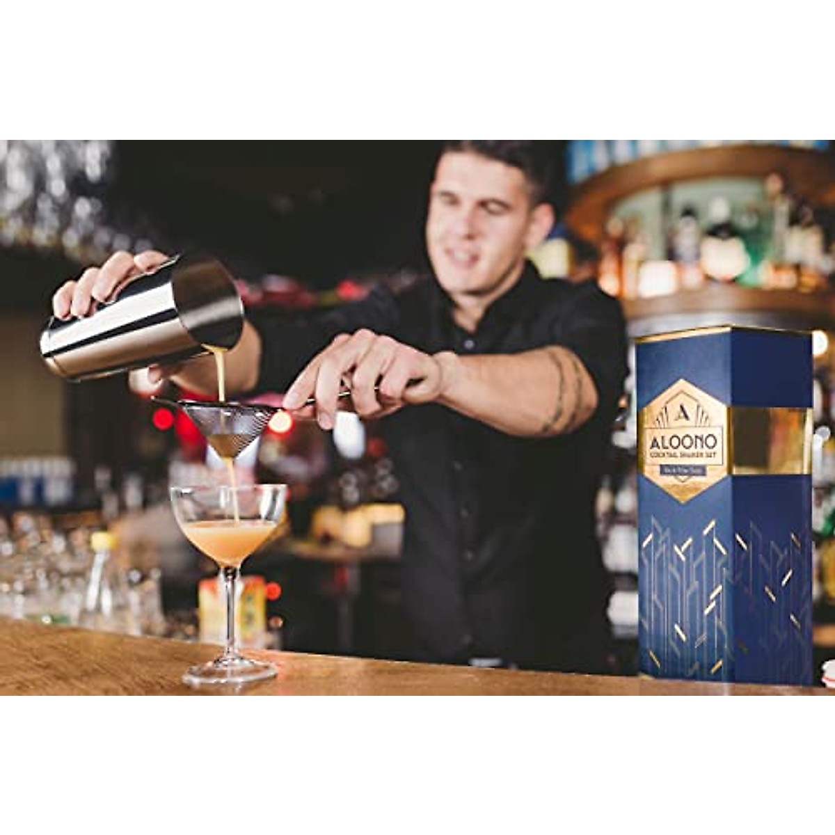 ALOONO 11-Piece Black Boston Cocktail Shaker Set Bartender Kit | Drink Mixer Bar Set | Cocktail Set Bar Accessories: Martini Shaker, Strainer, Jigger, Muddler, Spoon, & More