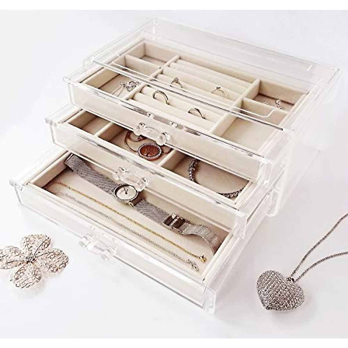 HerFav Acrylic Jewelry Organizer Box with 3 Drawers, Clear Jewelry Boxes for Women Earring Rings Bangle Bracelet and Necklace Holder Storage Velvet Jewelry Display Case