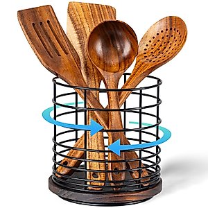 360°Rotating Utensil Holder for Kitchen Counter-6.5" Metal & Wooden Large Cooking Utensil Holder with Drainage Hole，Kitchen Utensil Storage Organizer for Countertops，Spatula Holder for Farmhouse Decor