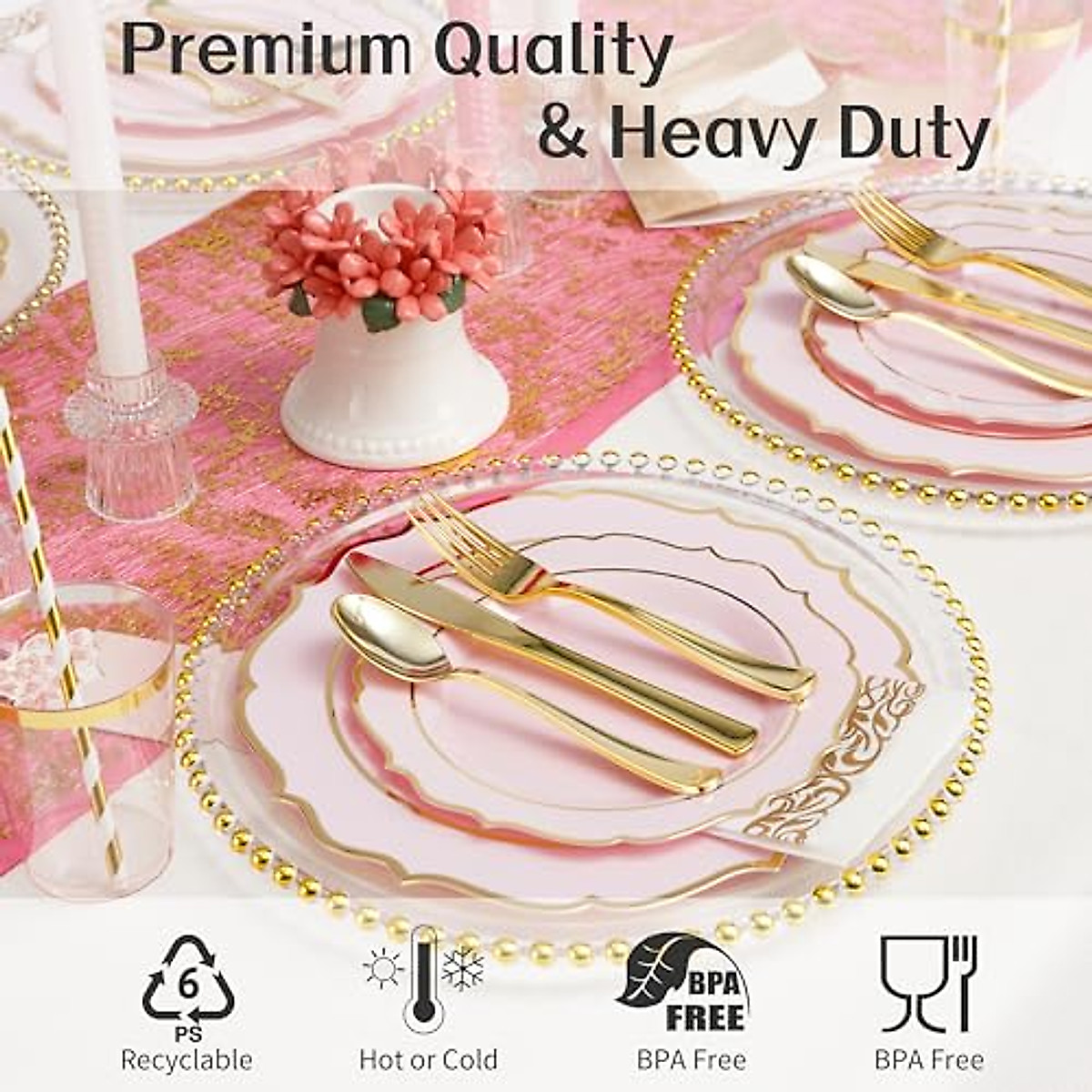 ISFANGCO 200 PCS Pink Thickened Plastic Plates Set for 25 Guests,Gold Rimmed Heavy Duty Disposable Plates for Party Wedding with Napkins,25 Dinner Plates,Dessert Plates,Spoons,Forks,Knives,Cups