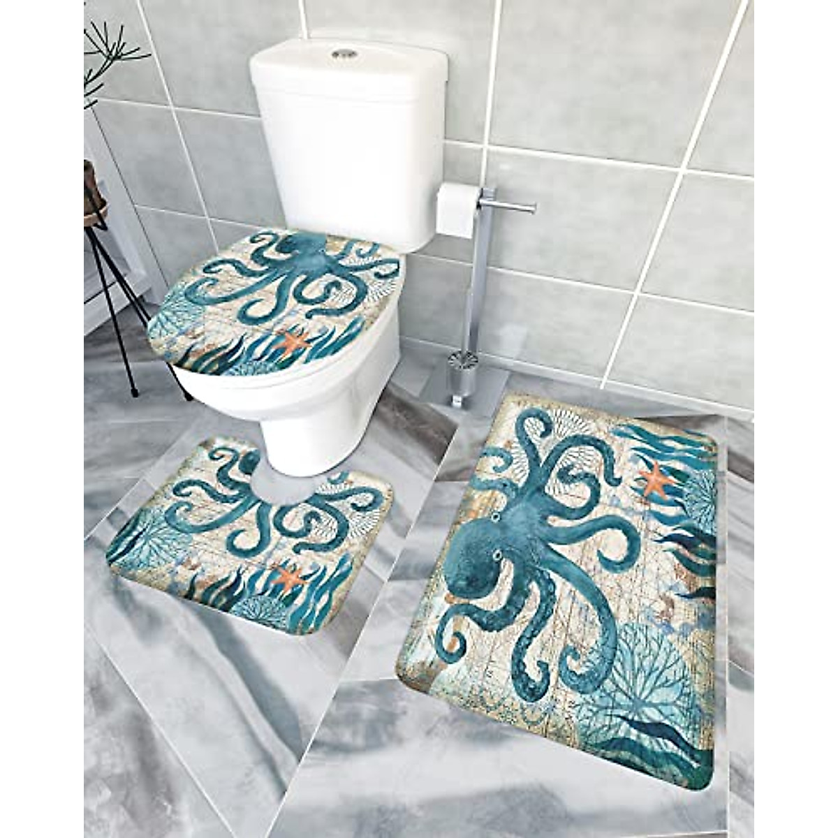 Savannan Octopus 3 Piece Bathroom Rugs Set, Underwater World Retro Watercolor Seaweed Blue Absorbent Soft Bath Mat & Small:18inchx30inch+14inchx18inch+15inchx18inch