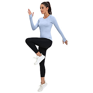 2 Pieces Women Long Sleeve Workout Shirt Seamless Workout Shirts with Thumb Holes Fitted Top Sports Yoga Athletic Shirt Top (Gray, Blue, X-Small)