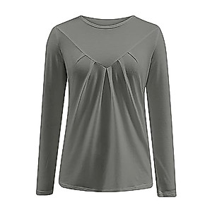 Womens Workout Tops Trendy 2023 Round Neck Ruched Slim fit Shirts Solid Color Long Sleeve Casual Basic Tee