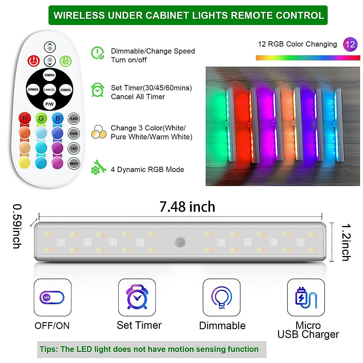 SZOKLED Under Cabinet Lighting Rechargeable 48-LED Wireless Under Cabinet Lights Remote, Kitchen Counter Lights Closet Lights RGB Perfect for Indoor Pantry Display Shelf 15 Color Changing(6 Packs)
