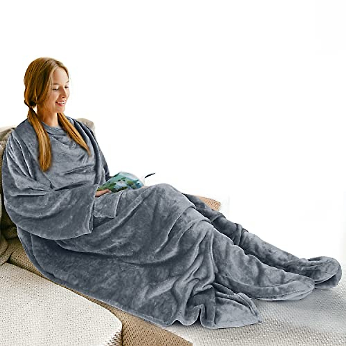 Wearable Fleece Blanket with Sleeves and Foot Pocket for Adult Women Men, Super Soft Cozy Microplush TV Blanket Throw Wrap Cover for Lounge Couch Reading Watching TV