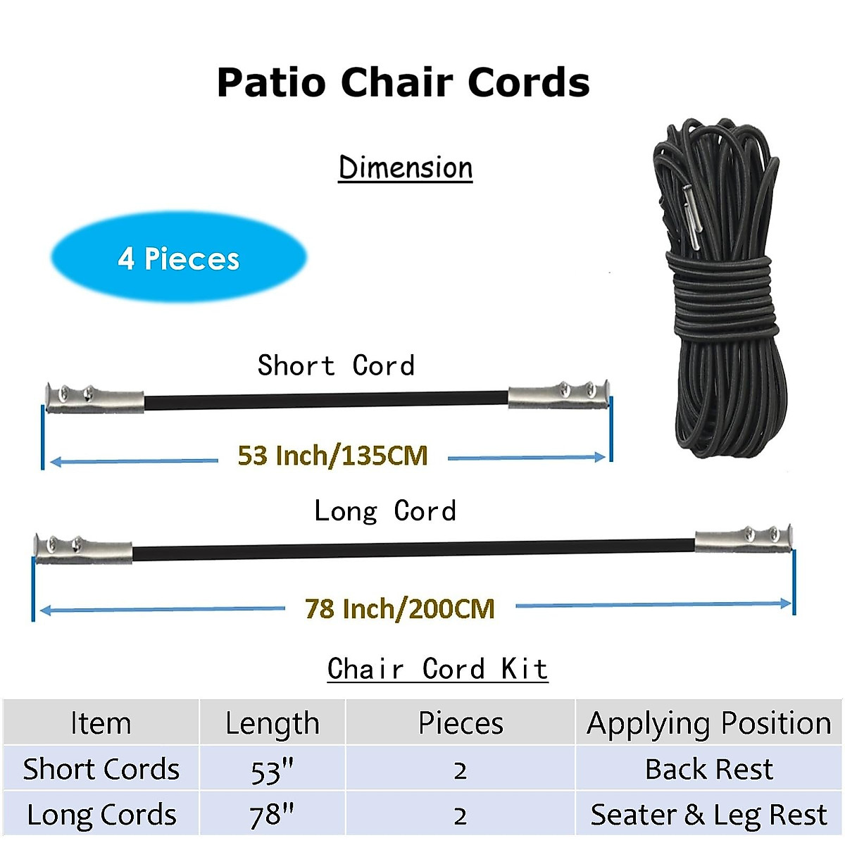 Zero Gravity Chair Cord Replacement, 4 Pack, Elastic Cord for antigravity Chair, Patio Recliner Chair, Lawn Bungee Chair, Beach Chair, Lounge Chair, Outdoor String Chair, Nylon Stretch String Cord