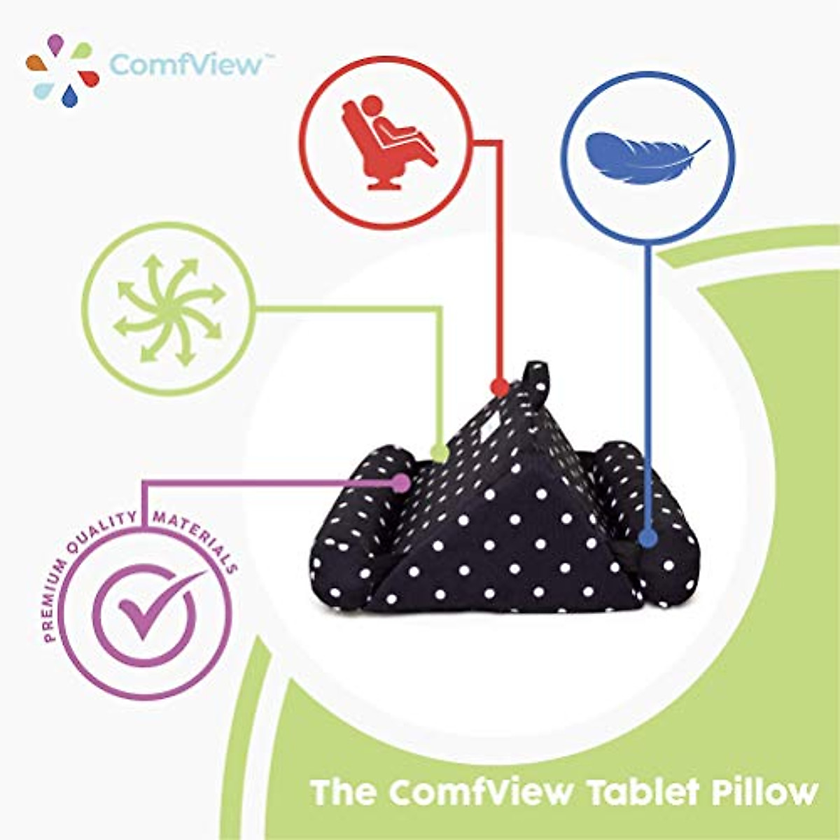 ComfView The Tablet Pillow - Soft Bed Stand Compatible with iPads, Tablets, Books, Smartphone, Magazines - Lap Wedge Mount for Reading, Gadgets, Watching Movies - 11x12x6-Inch (Black White Polka Dot)