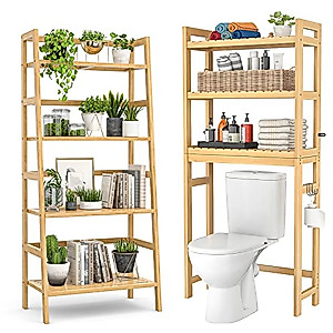 Homykic Bamboo Over The Toilet Storage Shelf and 4-Tier Ladder Bookshelf Bundle, Natural