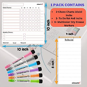 NIMARKX Magnetic Chore Chart Bundle for Multiple Kids: Customizable 2 Reward Charts, 1 to-Do List, 6 Dry Erase Markers - Impart Responsibility to Family Teen Toddler & Adults with Behavior Board