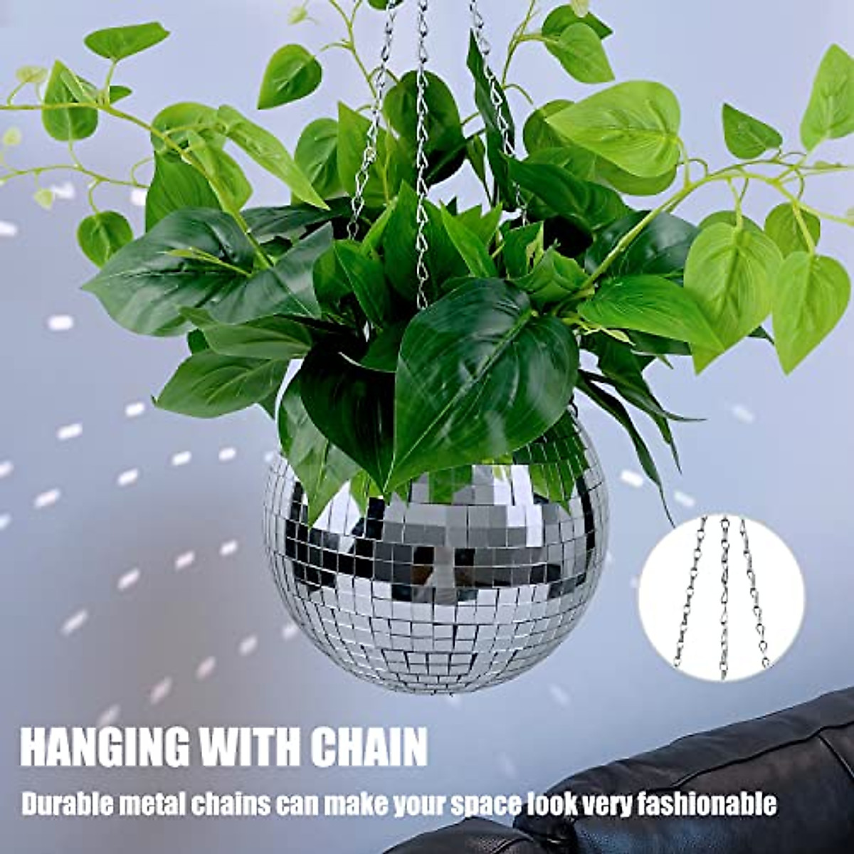 coutinfly Disco Ball Planter 8", Creative Mirror Ball Flower Pot Holder for Hanging Plant with Chain, Macrame Rope, Wooden Stand, Cute Plant Hanger for Indoor Outdoor Window Home Decor, 1 Piece