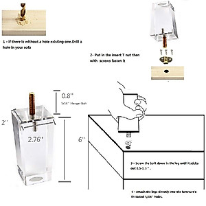 Acrylic Furniture Legs Sofa for Chair Lovseat Ottoman Couch Bed Replacement Bun Feet with Mounting Plates Set of 4 (6 inch Furniture Legs)