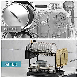 QEWEEQ Dish Drying Rack with Drainboard Set, Stainless Steel 2-Tier Dish Racks for Kitchen Counter,Collapsable Dish Drainers with Cup Rack, Utensil Holder and Cutting Board Holder, Black