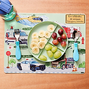 Passionfruit Kids French/English Bilingual Silicone Placemats | Colorful Educational Placemats for Toddlers | Non-Slip, Waterproof, Reusable Placemats for Kids | Vehicle Theme | 2 Pack