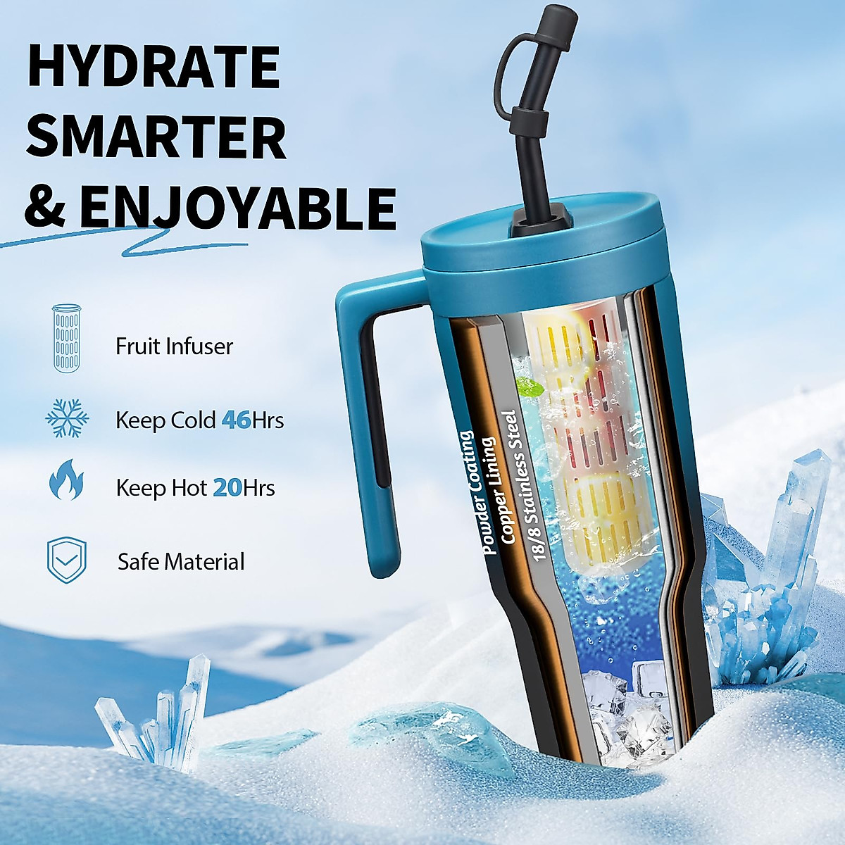 40 oz Tumbler with Fruit Infuser - Insulated Tumbler Cup with Handle, Keep Cold-46H & Hot-20H, Leak Proof Tumbler Coffee Mug for Woman Girlfriend, Stainless Steel Travel Mug for Sport Gym Work