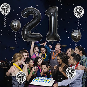 21st Birthday Balloons Black, 21st Birthday Decorations for Him with Large Number 21 Foil Balloon Birthday Confetti Balloons Metallic Black Latex Balloons for Her Girls Boys 21 Years Old Bday Decor