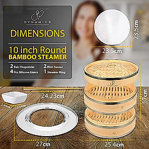 SP Dynamics Bamboo Steamer Basket Set Chinese Cuisine 10-inch 2 Tiers Steaming Basket for Cooking with Chopsticks, Sauce Dishes, and Reusable Liners - Dumpling Steamer Baskets