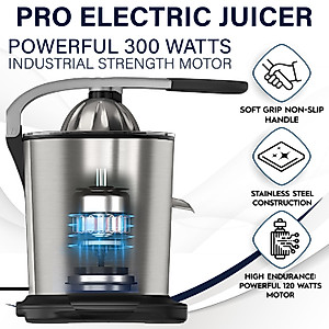 Eurolux Electric Citrus Juicer Power Pro - ELCJ-3000 - with 300 Watts of Power, This is The Most Powerful Juicer, for an Easy Smooth Juicing Experience | with Its New Updated Design