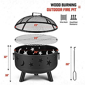 Cool Spot 24 Inch Wood Burning Outdoor Fire Pit, Round Big Sky Stars and Moons Firepit Bowl with Spark Screen, Cover and Poker