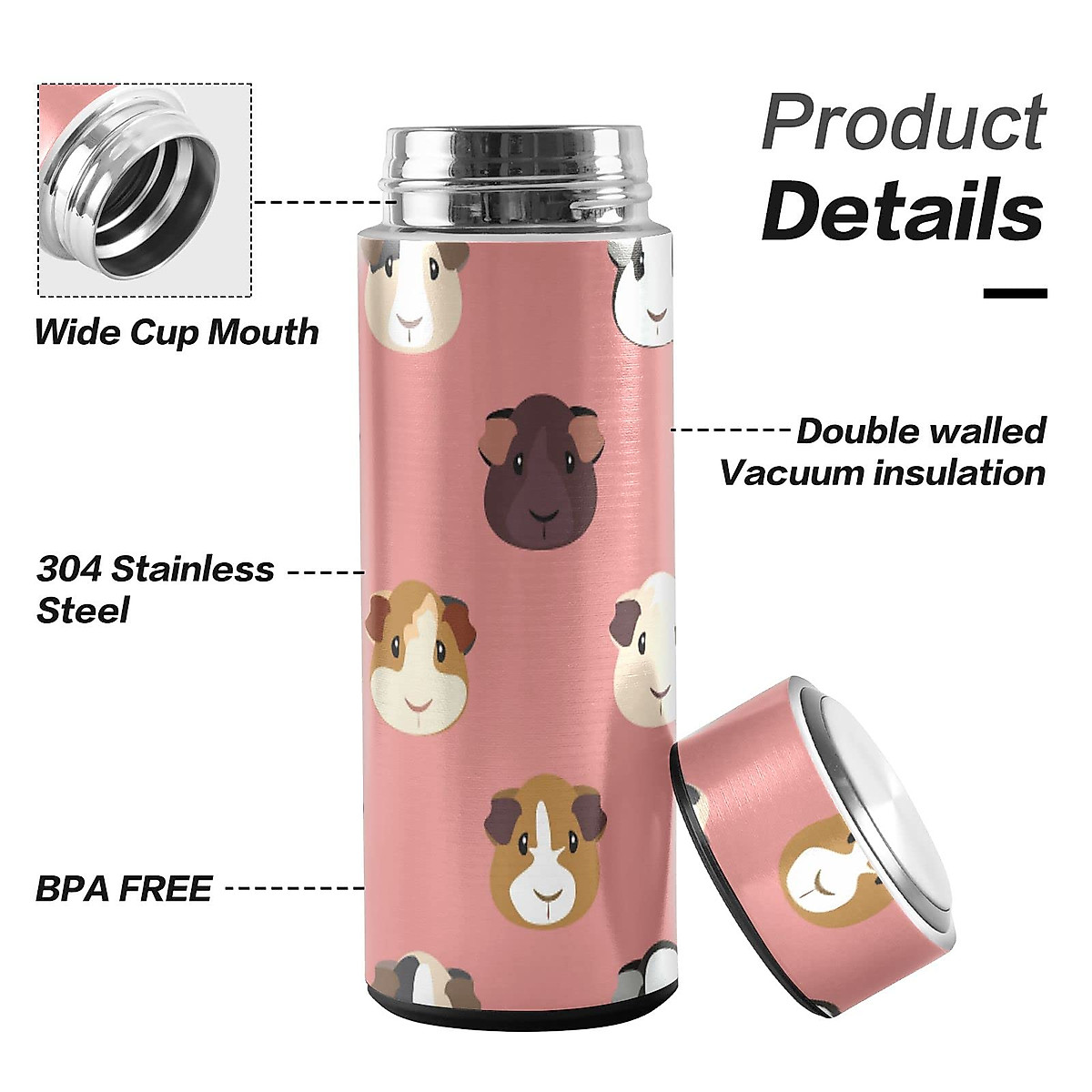 Glaphy Cartoon Guinea Pig Pink Water Bottle, BPA-Free, Stainless Steel, 17 oz Insulated Water Bottles Kids, for School, Office, Gym, Sports, Travel, 500ml