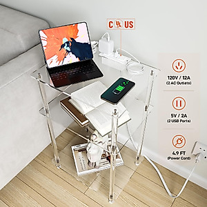 Eglaf Acrylic Side Table with Charging Station - Clear Nightstand End Table with USB Ports and Outlets - Small Bedside Table for Bedroom, Living Room, 15'' L x 11.8'' W x 23.6'' H, 3 Tier