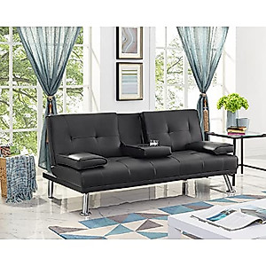 Naomi Home Black Futon Sofa Bed, Faux Leather Futon Couch with Armrest and 2 Cupholders, Pull Out Sofa Bed Couch with Metal Legs, Reclining Small Couch Bed, Black Couches for Living Room