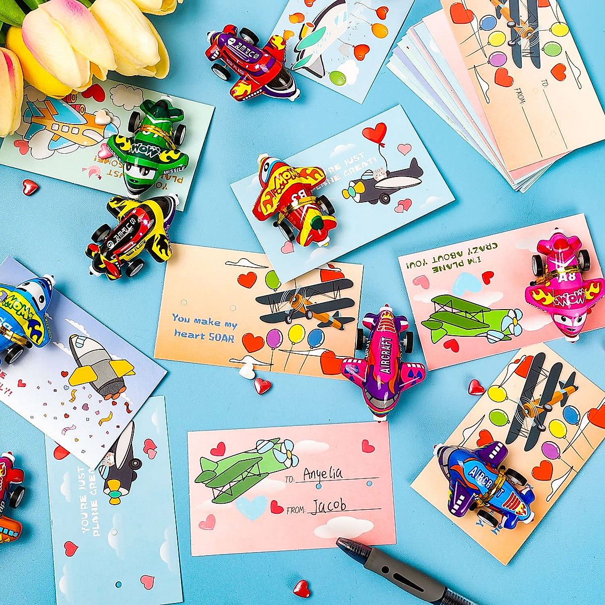 Valentines Day Cards for Kids - 28 Pack Planes Valentine's Greeting Cards with Pull Back Planes Toy Party Favors, Kids Valentines Day Exchange Gift Cards for Boys Girl Classroom School Party Supplies