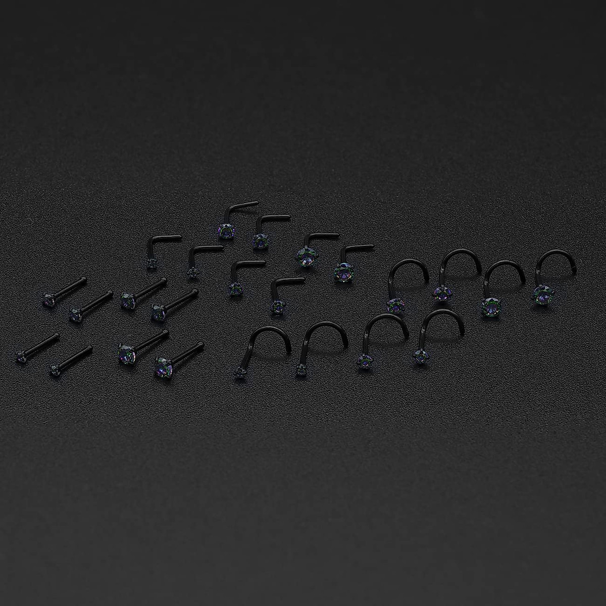 Pierstyles 20G 18G Nose Rings Studs Stainless Steel Nose Rings for Women Men Round CZ Nose Bone L Shaped Screw Nose Stud Ring Set Nostril Piercing Jewelry Silver Gold Black