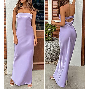 ZESICA Women's 2023 Summer Satin Strapless Dress Sexy Backless Bodycon Wedding Cocktail Party Maxi Dresses,Purple,X-Large
