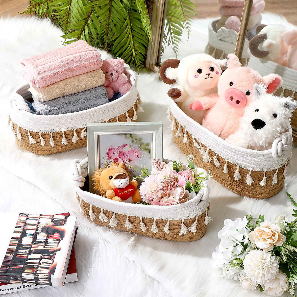 Roshtia Set of 3 Boho Rattan Basket Cotton Rope Woven Basket Toilet Paper Baskets Brown Boho Bathroom Decor Boho Organizing Baskets for Home Decor Bedroom Nursery Livingroom Entryway