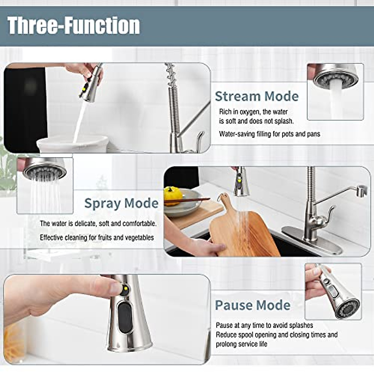 Kitchen Faucet with Soap Dispenser,Single Handle Faucet for Camper Farmhouse RV Kitchen Sink,Spring Kitchen Sink Faucets with Pull Down Sprayer and Deck Plate,Three-Function Spray Head, Brushed Nickel
