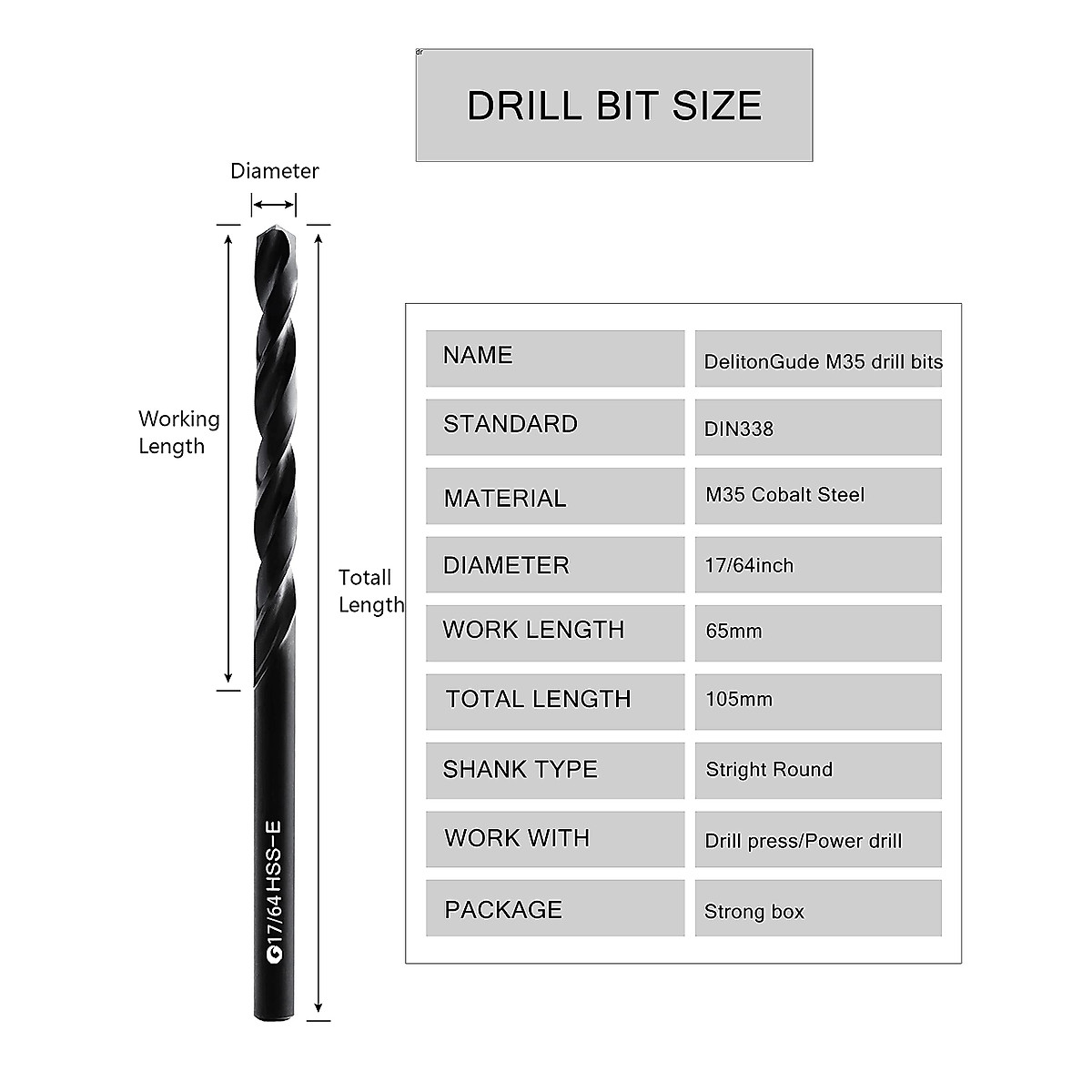 DelitonGude 17/64"inch HSS M35 Cobalt Twist Drill Bit,High Speed Steel,Pack of 5,Suitable for Steels,Cast Iron,Stainless Steel,Copper and Other Hard Metals（17/64inch）