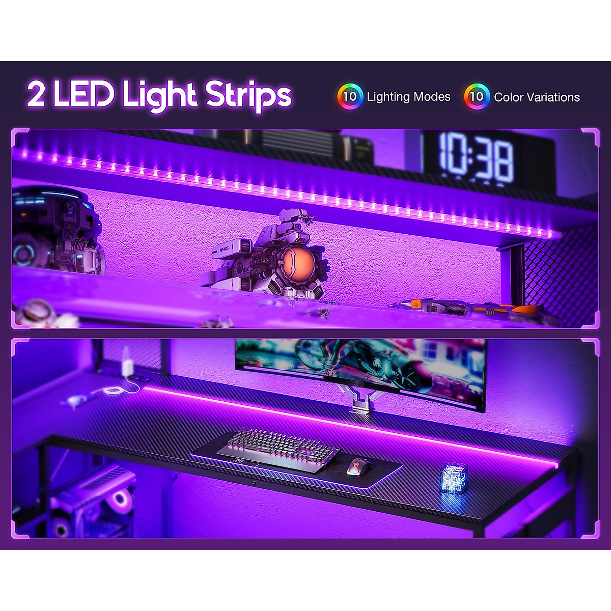 MOTPK L Shaped Gaming Desk, Reversible Computer Desk with Power Outlet, Gaming Table with LED Lights, L Shaped Desk with Glass Display Storage Shelves, Glass Desk Office Desk