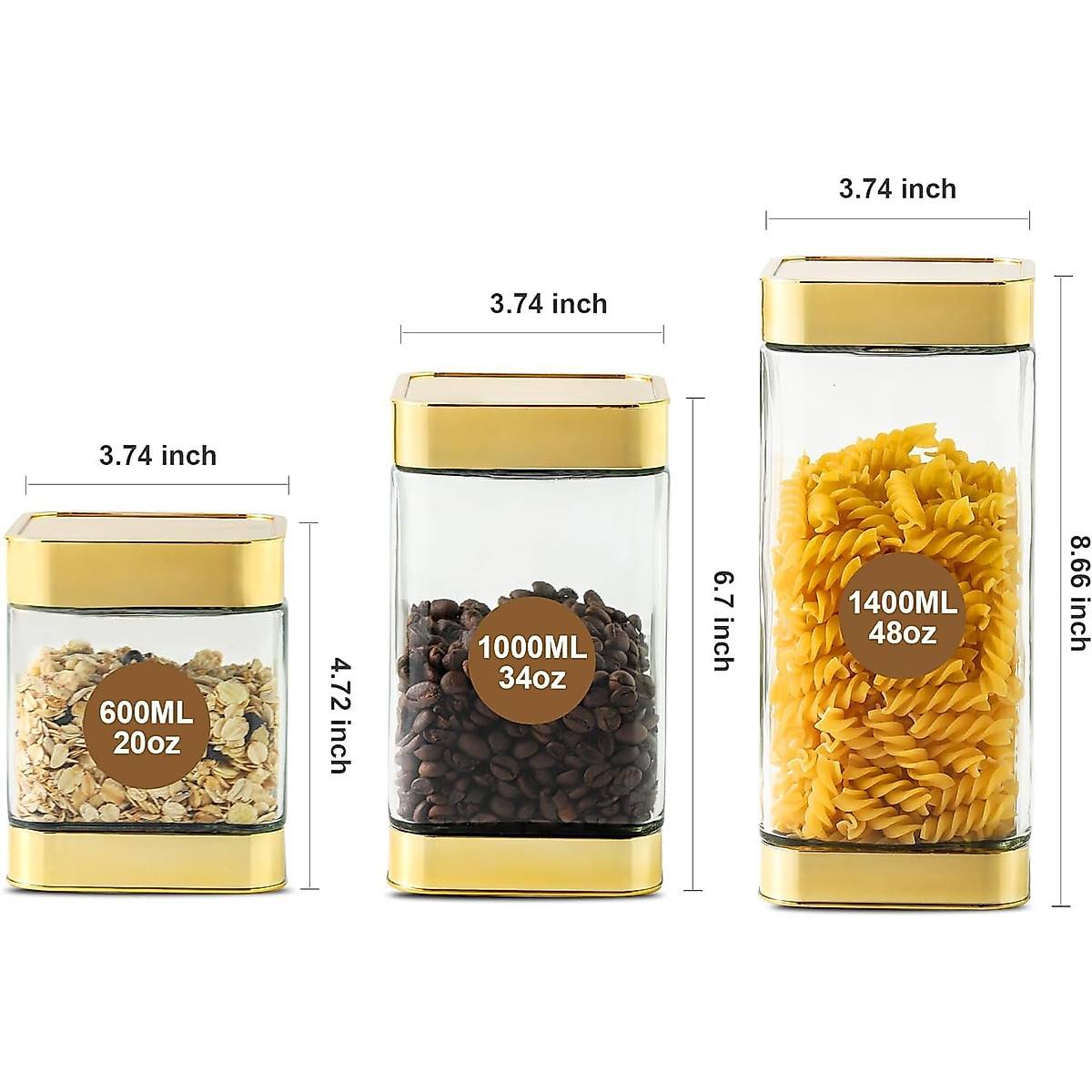BETTWILL Glass Storage Jars-Large Kitchen Glass Canisters with Airtight Lids -Coffee Pasta Sugar Tea Snack Nuts Cookie Flour Food Container - Set of 3-Gold Color.