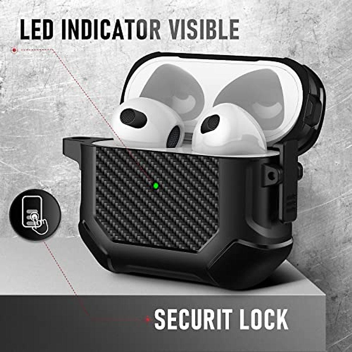 Maxjoy for for Airpods 3rd Generation Case, Carbon Fiber Secure Lock Clip Full Body Shockproof Hard Shell Protective Apple for Airpods 3 Case Cover with Keychain for AirPod 3rd Gen 2021 for Men, Black