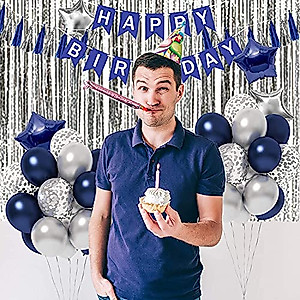 Blue Birthday Party Decorations,Happy Birthday Supplies, Happy Birthday Banner, Blue White Silver Confetti Latex Balloons with 2 Foil Fringe Curtains Birthday Decorations for Men Women Boys Girls