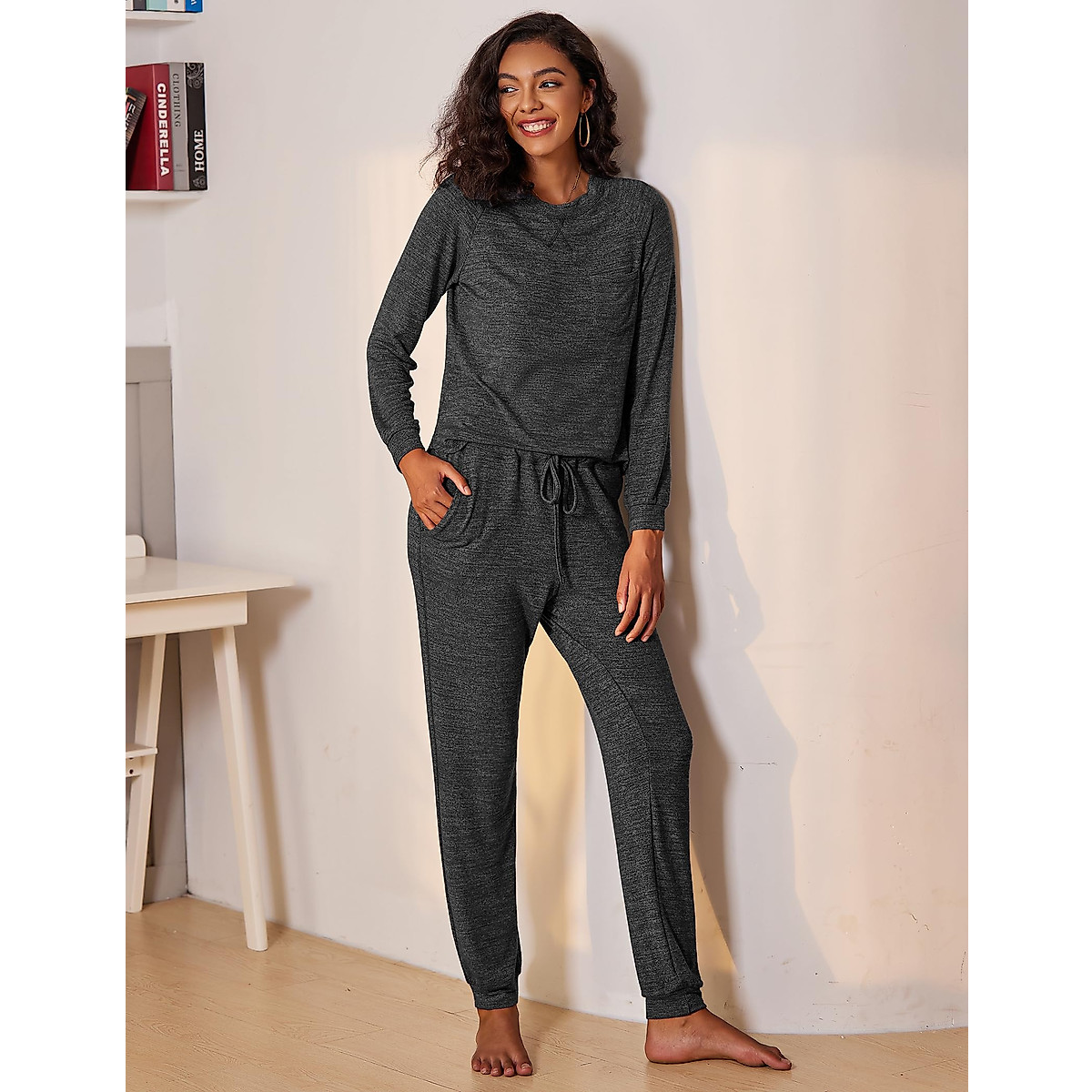 Ekouaer Womens Pajamas Set Long Sleeve Loungewear Soft Lounge Set Joggers with Pockets,Medium,Dark Grey