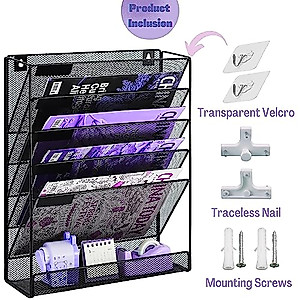 HMXLJJY 6 Tier Mesh Wall File Organizer,Vertical File Organizer,Hanging Folder Organizer Wall Mount with Flat Tray,Mail Organizer for Papers,Folders,Files Clipboard & Magazine Organization for Office,Home(Black)