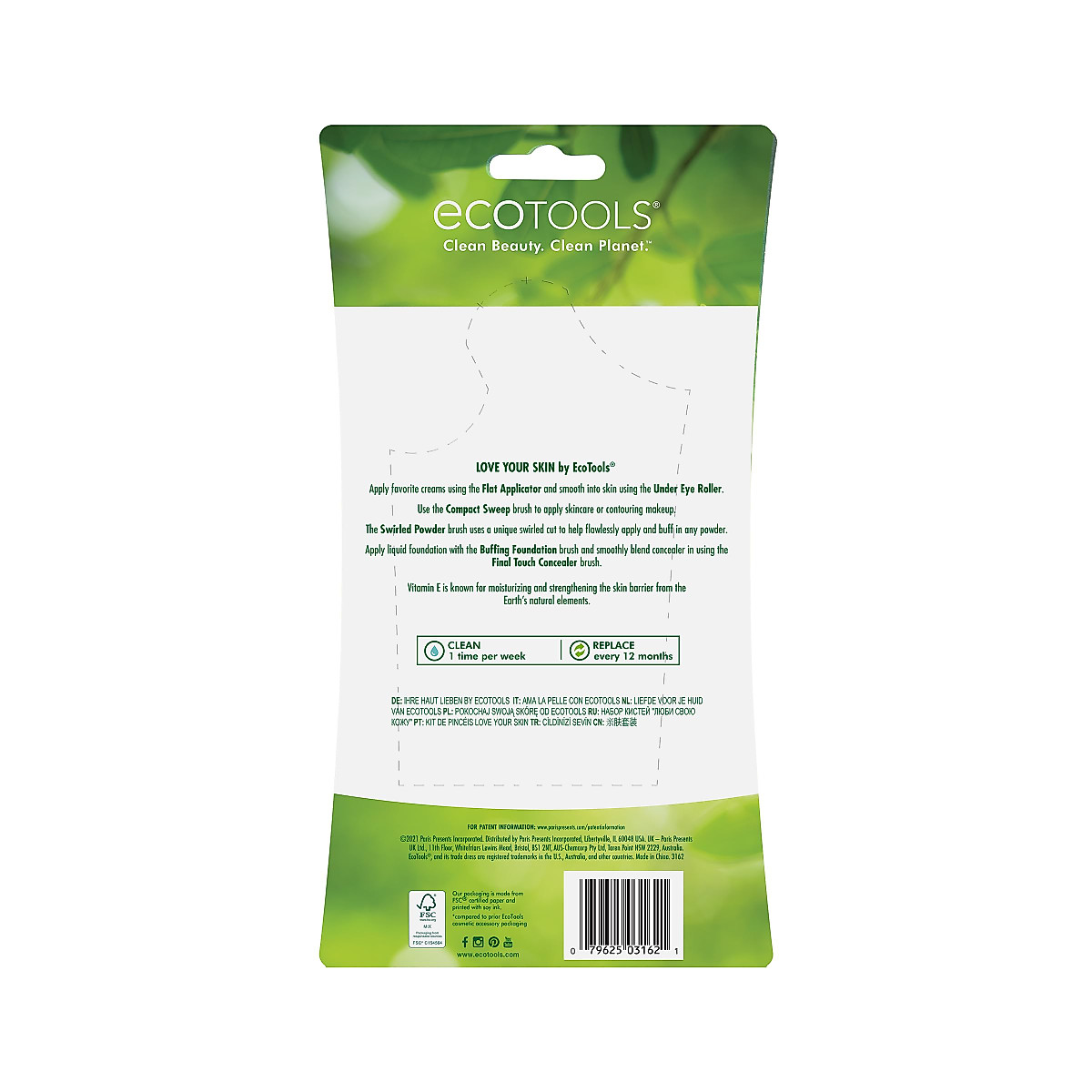 EcoTools Love Your Skin Makeup Brush Kit, with Flat Applicator, Under Eye Roller, Contact Sweep, Swirled Powder, Buffing Foundation, and Final Touch Concealer, 4 Brushes with 6 Brush Heads