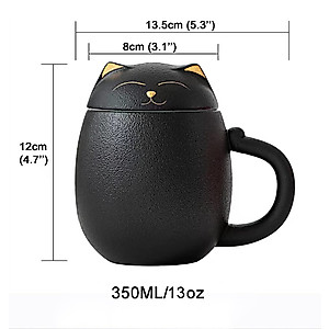 Rain House Cat Mugs with Infuser and Lid, Cute Tea Cups Kawaii Mug in Ceramic for Steeping Loose Leaf, Handmade Porcelain Teacup Teapot for Home Office, Portable Shatterproof Case 350ML (Black)