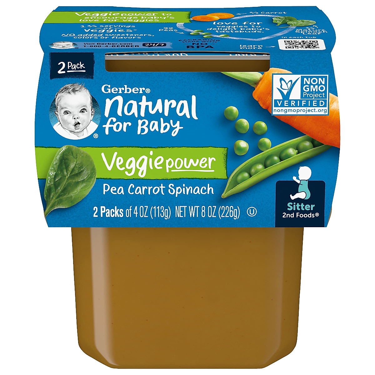 Gerber Baby Food Pea Carrot Spinach Puree, 4 Oz, 2 Pack Tubs