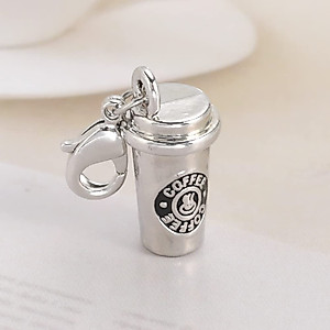 TEAMER Trendy Rhodium Plated 3D Coffee Cup Floating Lobster Clasp Charm Jewelry for Coffee Lovers (Silver - Coffee Cup)