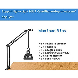 Overhead Tripod Mount for Camera Webcam Ring Light, Flexible Over Head Arm for iPhone with Phone Holder and Ball Head, Table Stand Accessory for Phone Video Recording Live Stream