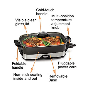 Electric Skillet Nonstick Foldaway - 16 inch, with Adjustable temperature, Easy to clean, Black, Nozaya
