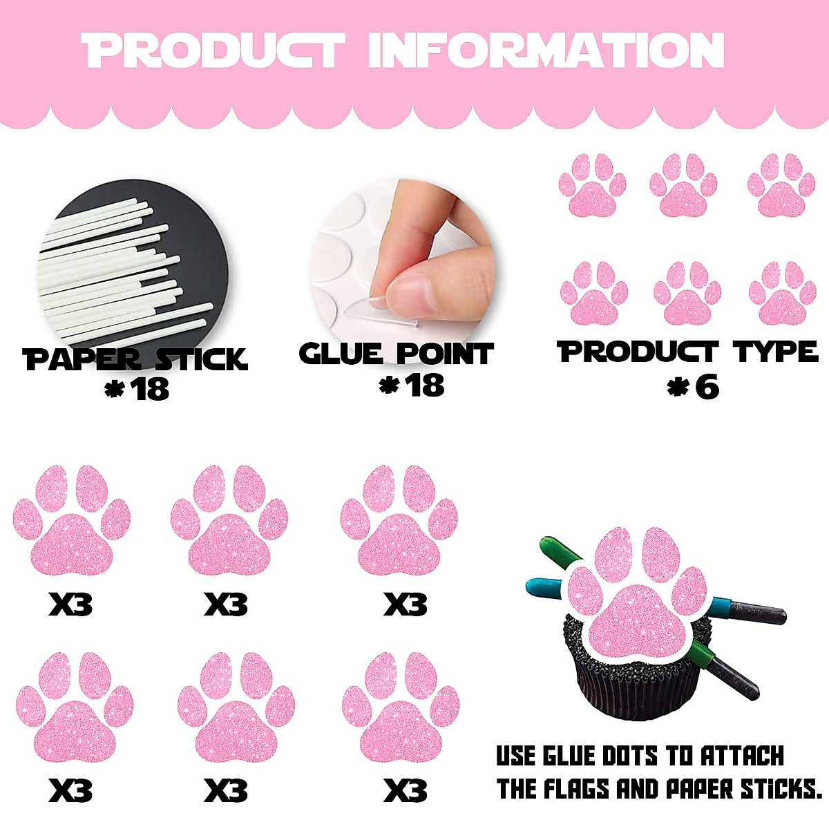18pcs Pink Glitter Dog Paw Dessert Cupcake Topper Dog Pet Adoption Theme Decor Supplies Baby Shower Boys Girls Happy Birthday Party Decorations